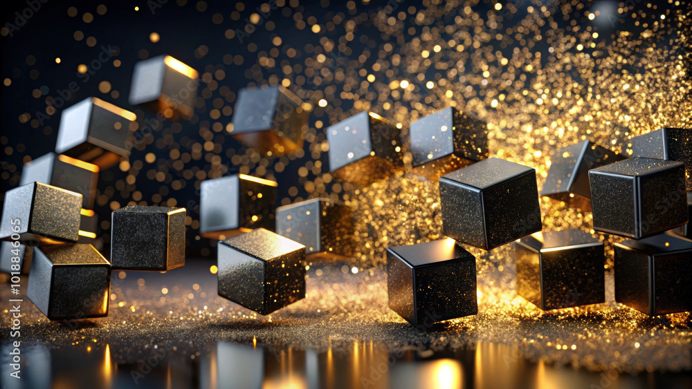 Floating metal cubes cast dramatic shadows while surrounded by the glow ...