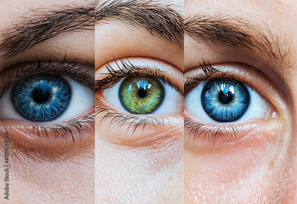 Three eyes shown close-up with blue and green hues, highlighting ...