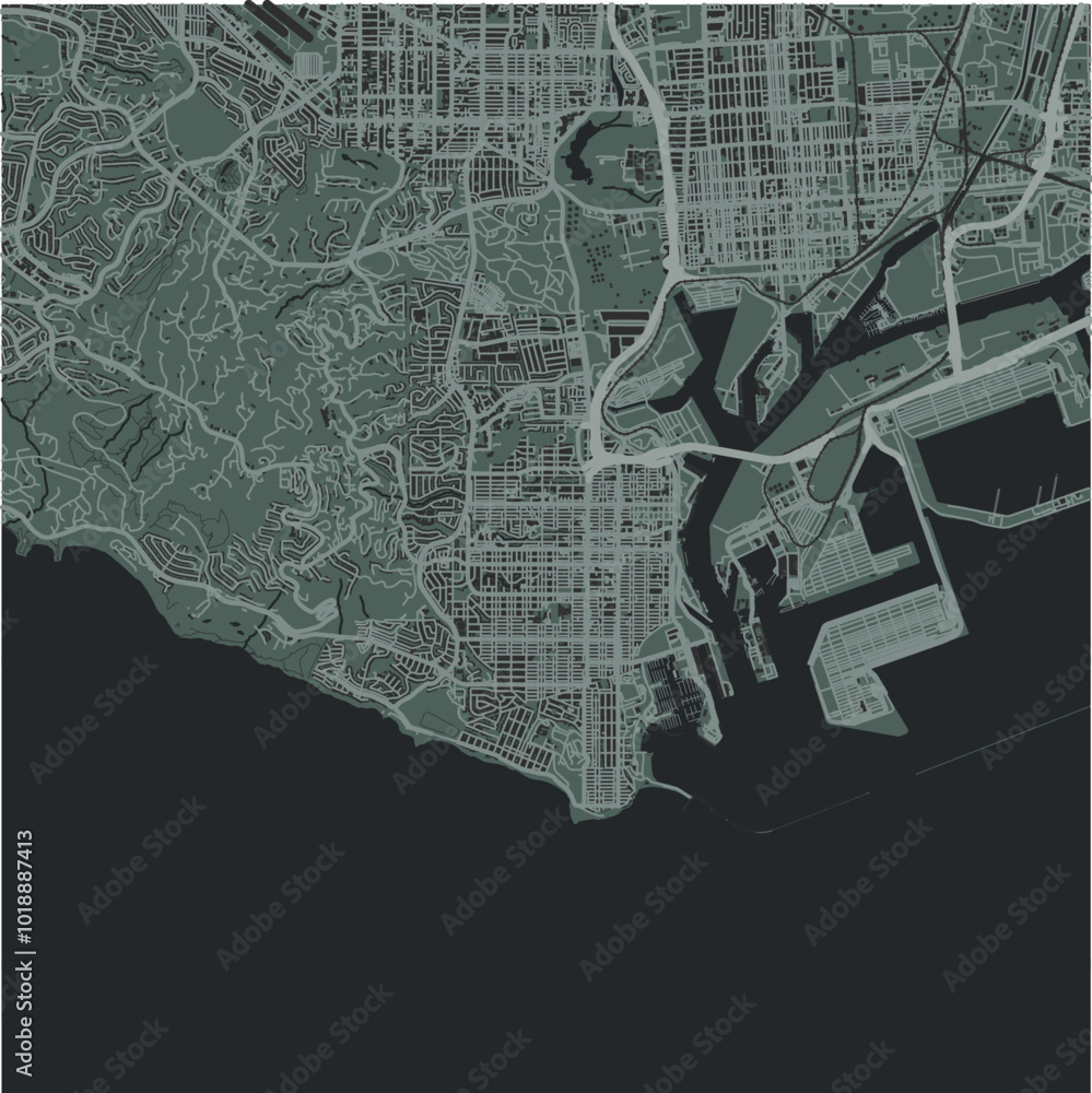Map of San Pedro in California in a smooth dark style. Contains layered ...