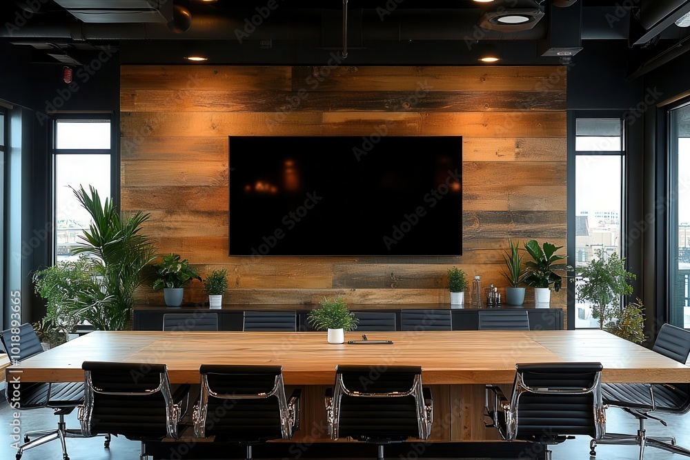 modern minimalist boardroom with a sleek conference table and large ...