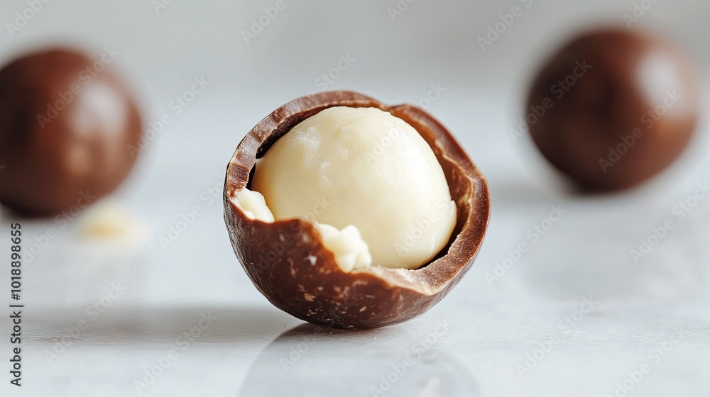 A single macadamia nut split open, placed on a pure white surface, with ...