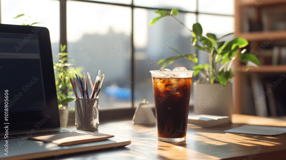 Iced coffee on a desk with laptop, plants and pencils. Stock ...