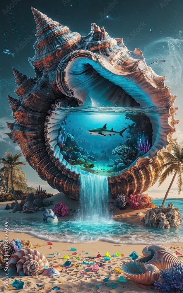 Colossal Ancient Seashell with Bioluminescent Shark, Shimmering ...