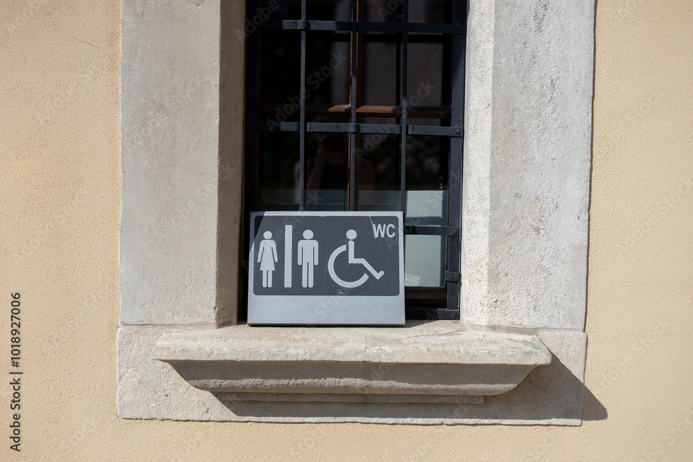 Public toilet signs for use by men, women and disabled persons. All ...