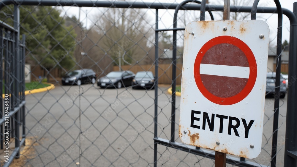 No Entry sign on metal gate in parking lot Stock Photo | Adobe Stock