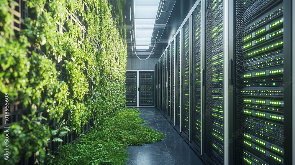 data center with eco-friendly servers and green power solutions, highlighting sustainability in ...