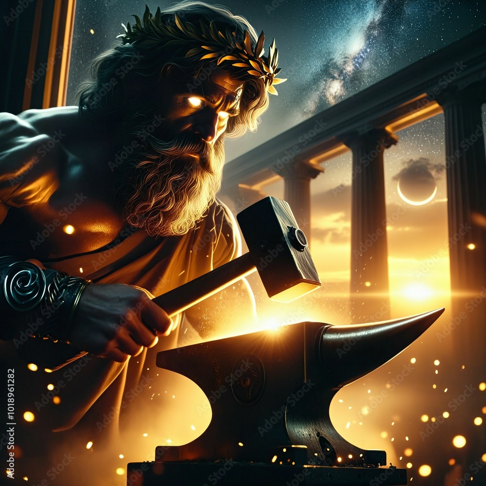 Hephaestus the god with his hammer and anvil. He was cast off Mount ...