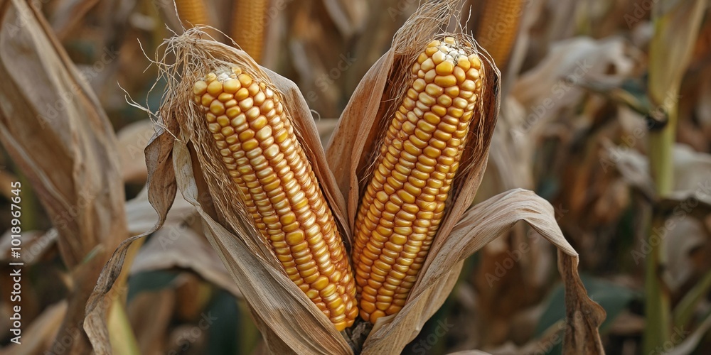 corn cobs growing in rows in a plantation field, symbolizing the ...