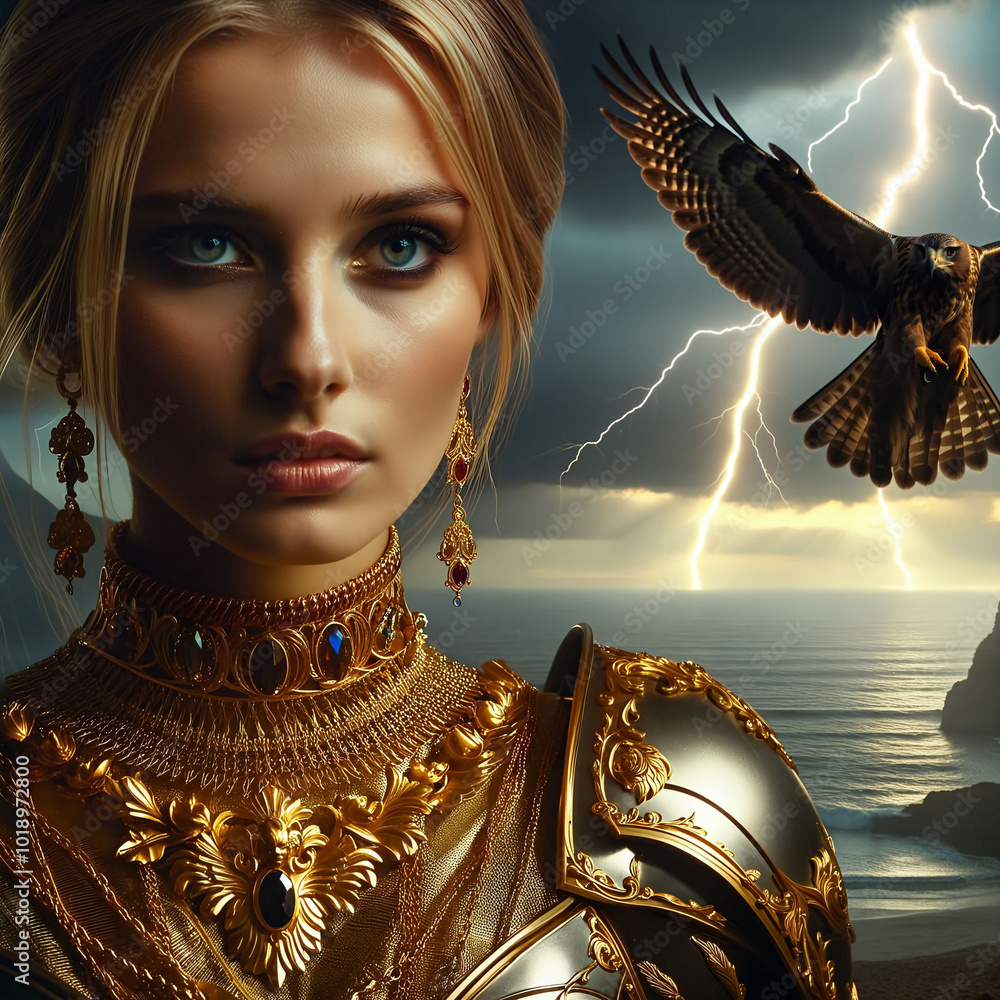 Freya, the Norse goddess of love and war, with a bird of prey as ...