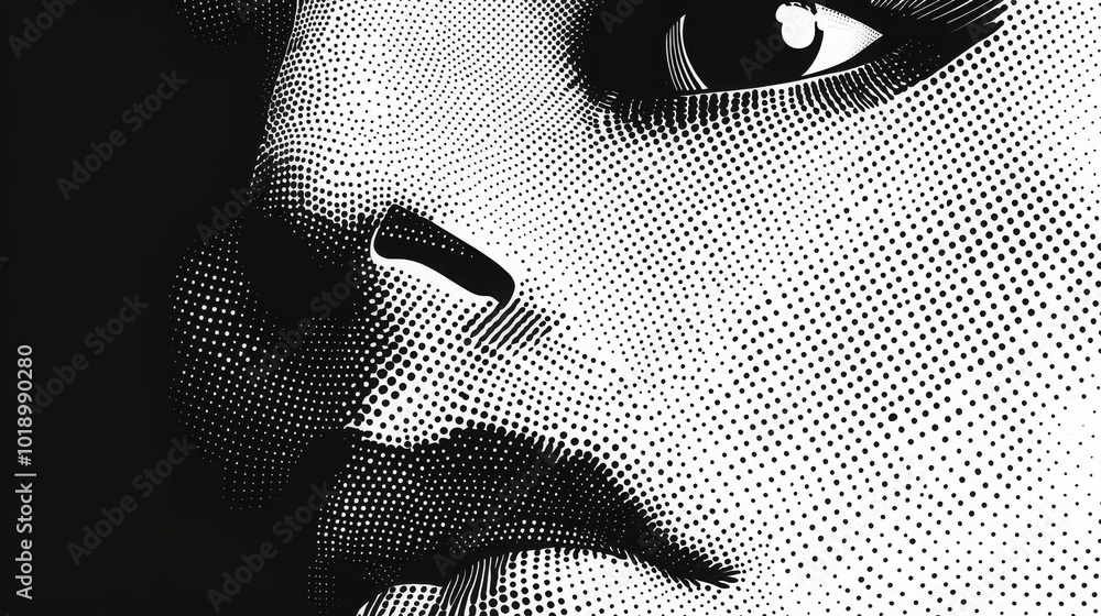Halftone pop art style of facial features like mouth, eyes, and ears ...