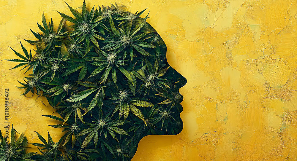 Human head silhouette filled with cannabis leaves against a vibrant ...