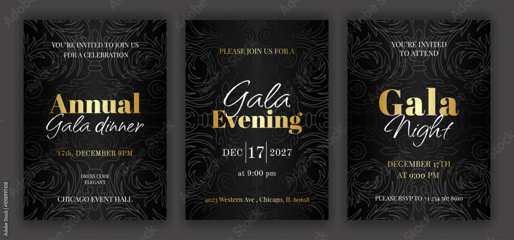 Luxury black annual gala dinner, night, evening invitation template set ...