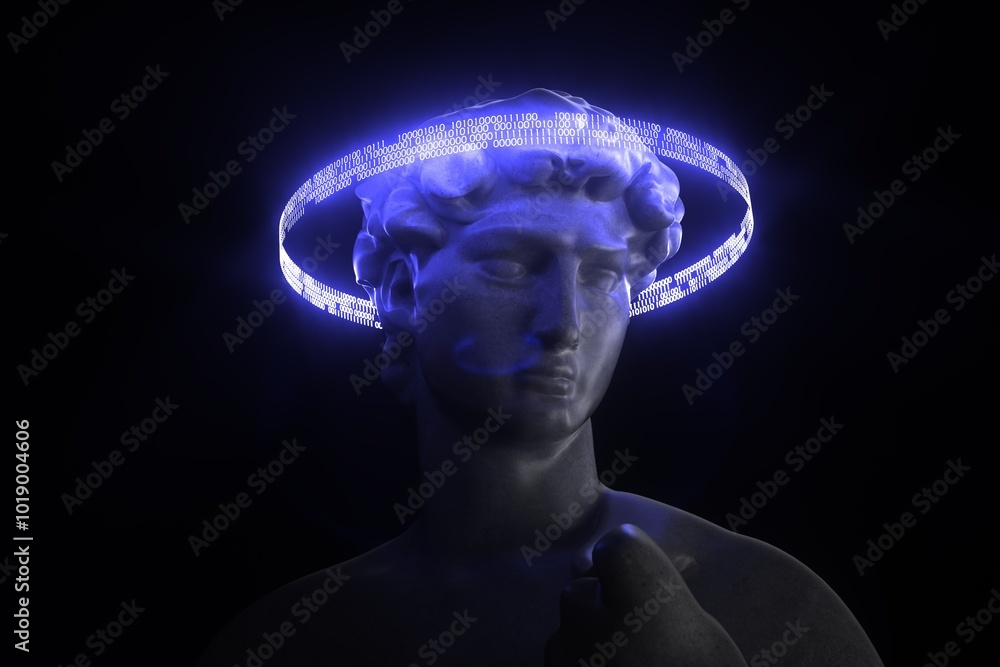 Ancient Statue in Vaporwave Synthwave Style with neon text code halo ...