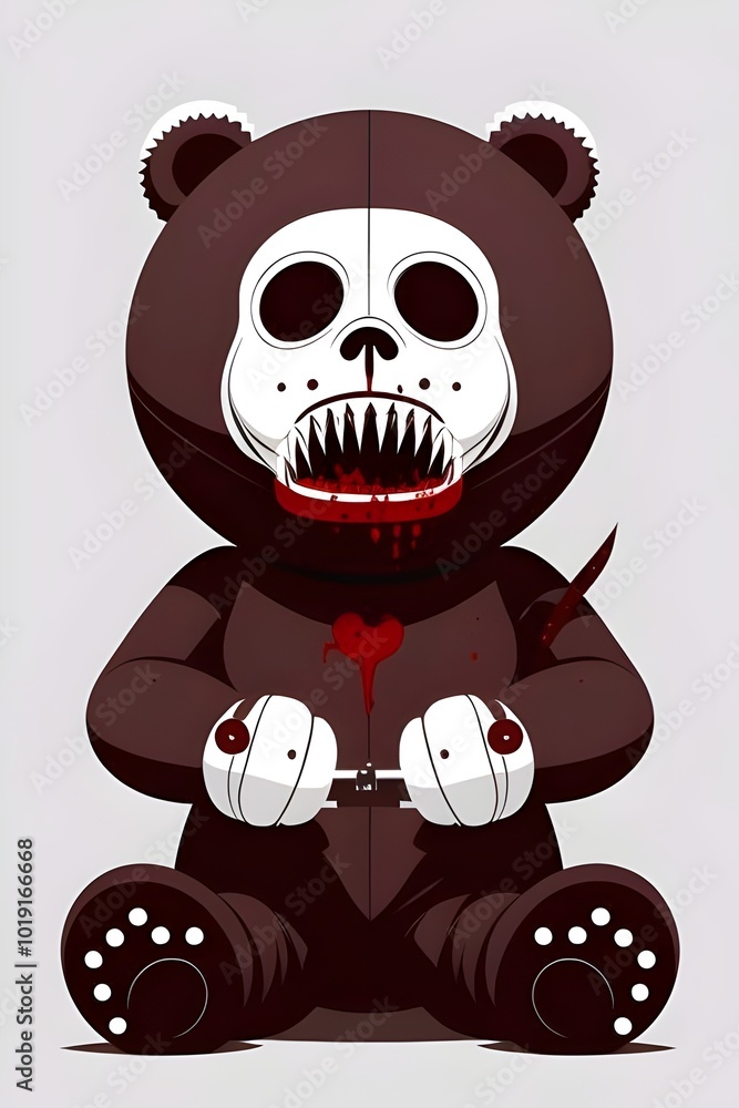 illustration cartoon of a horror movie, isolated stuffed evil toy teddy ...