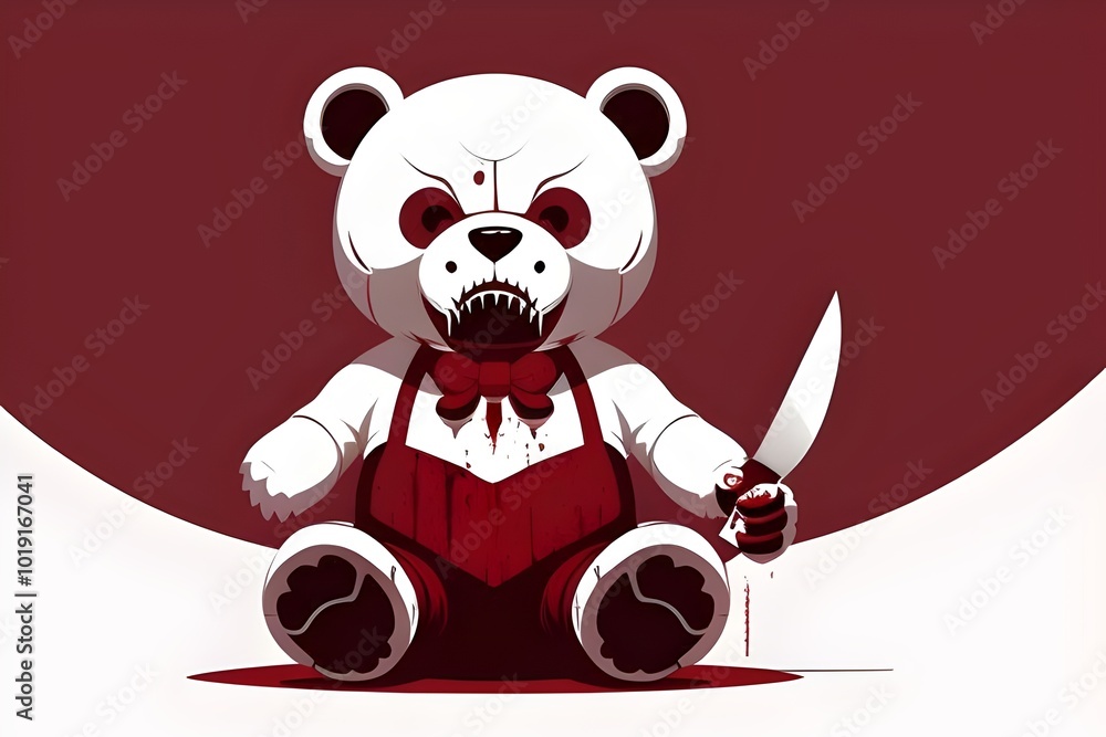 illustration cartoon of a horror movie, isolated stuffed evil toy teddy ...