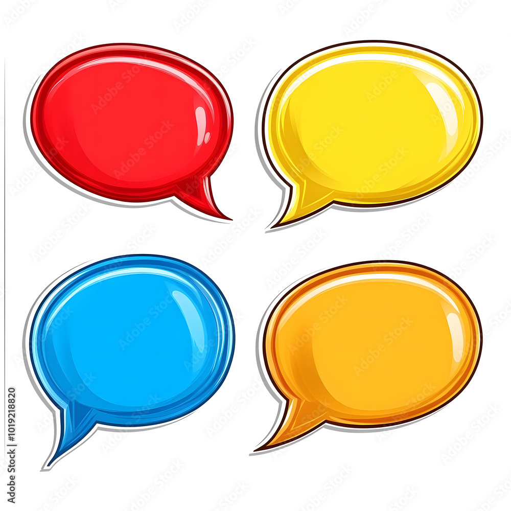 Three empty speech bubbles, vector graphics, simple shapes design, red, blue, and yellow color ...