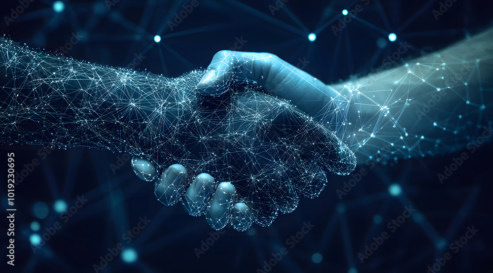 Two hands in a handshake design, a digital technology concept of ...