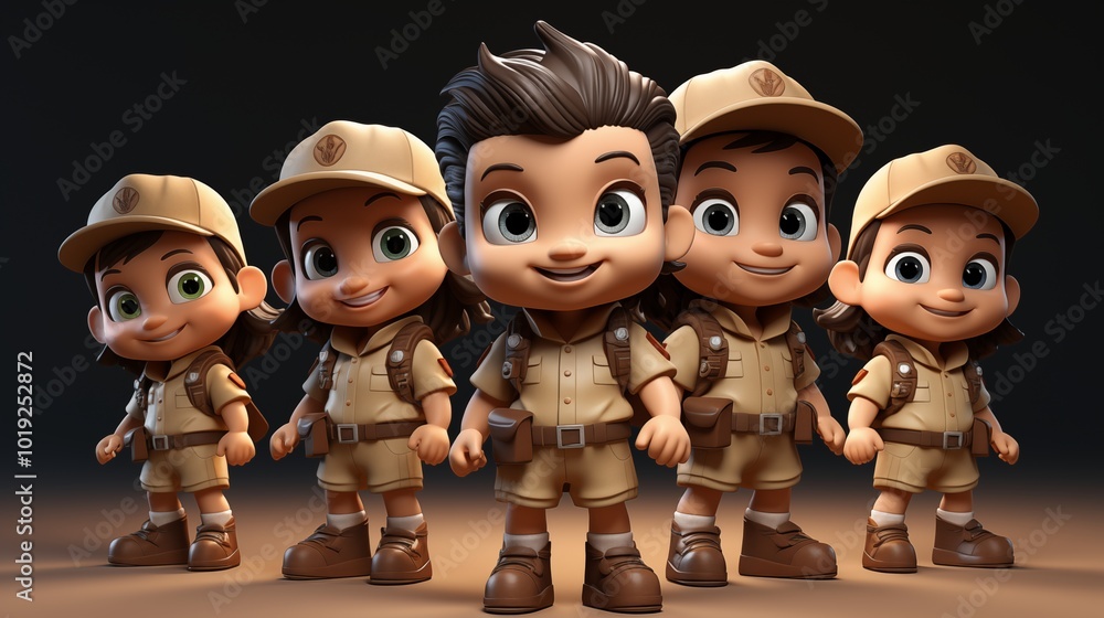 Set Of Cute Little boy scout Kids Wear Scout honor uniform. 3D render ...