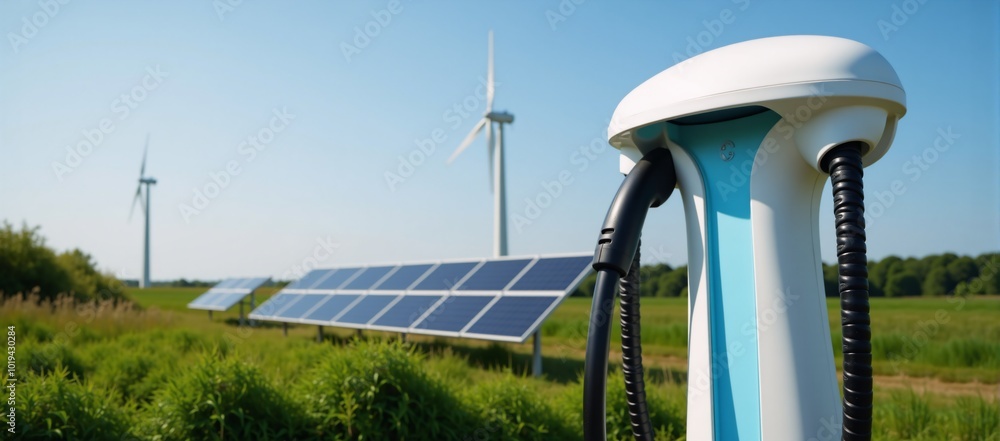 Electric car EV charging station powered by green energy from renewable ...