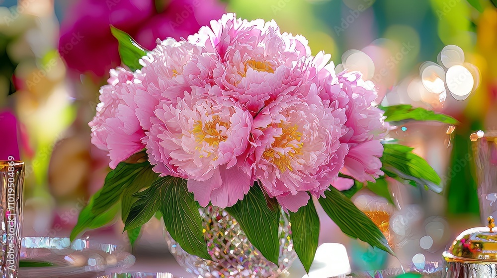 beautiful arrangement of pink peonies in crystal vase, showcasing their ...