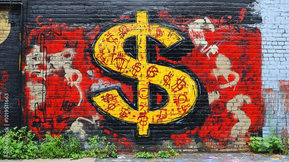 Vibrant street art featuring a dollar sign and a crown, embodying a ...