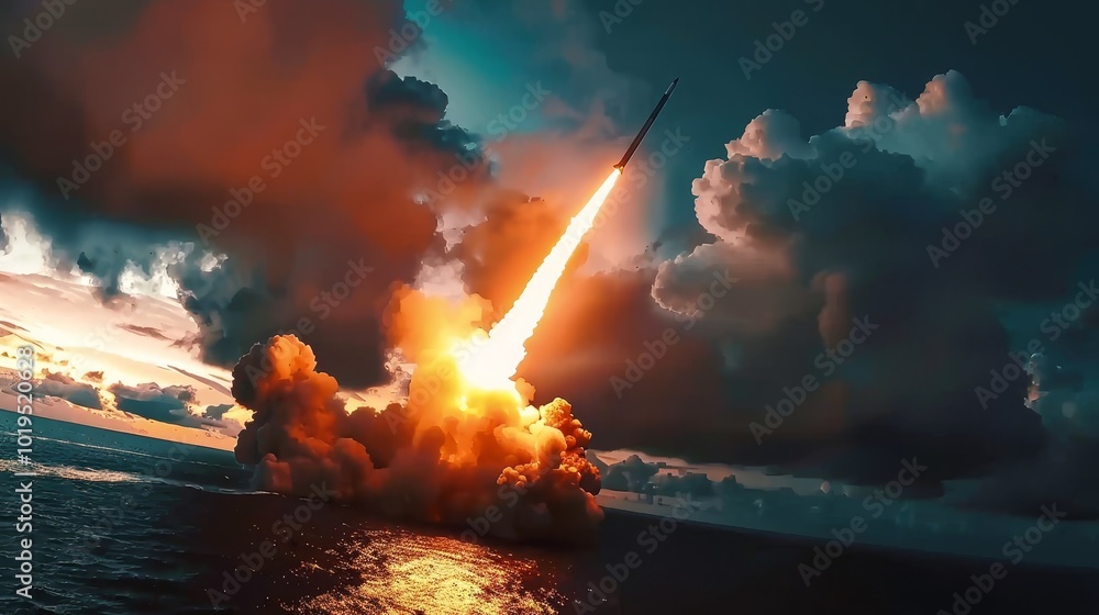 Aerial view of a missile launch from a warship towards a distant target ...