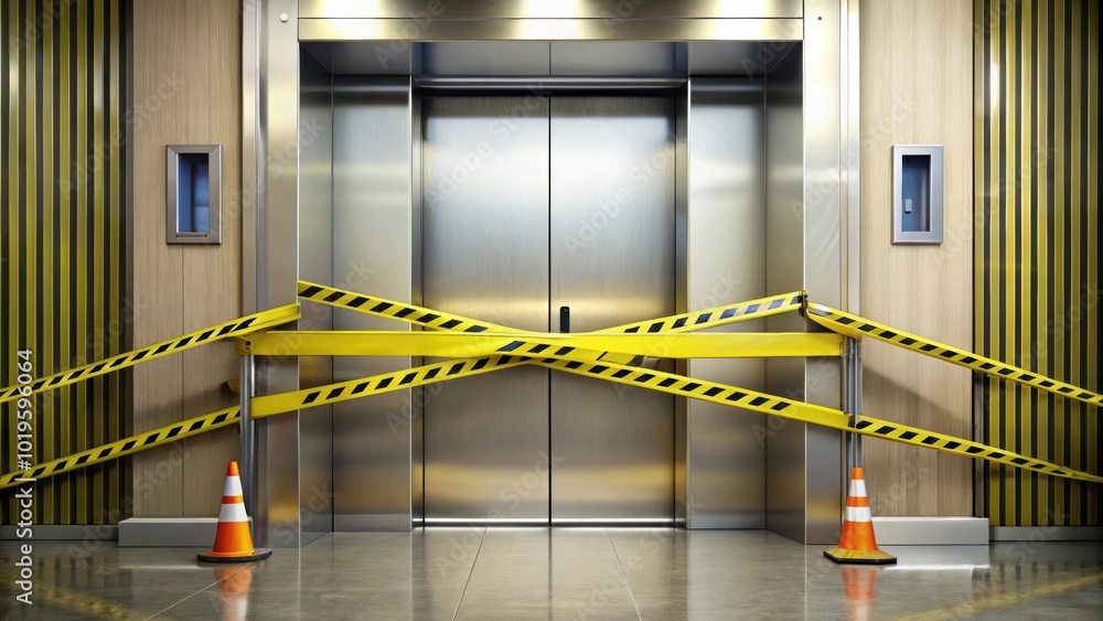 Warning sign in front of broken elevator doors with caution tape, out ...