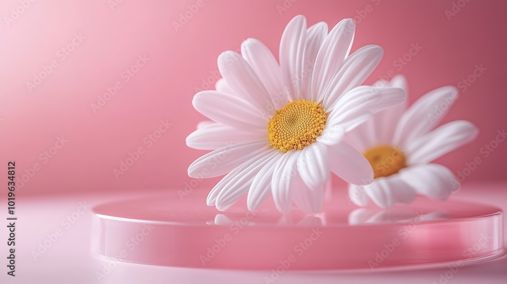 Minimal pink background in laboratory concept with daisy flower ...
