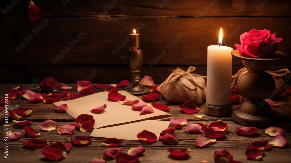 Rose petals scattered by candlelight frame a tear-stained letter ...