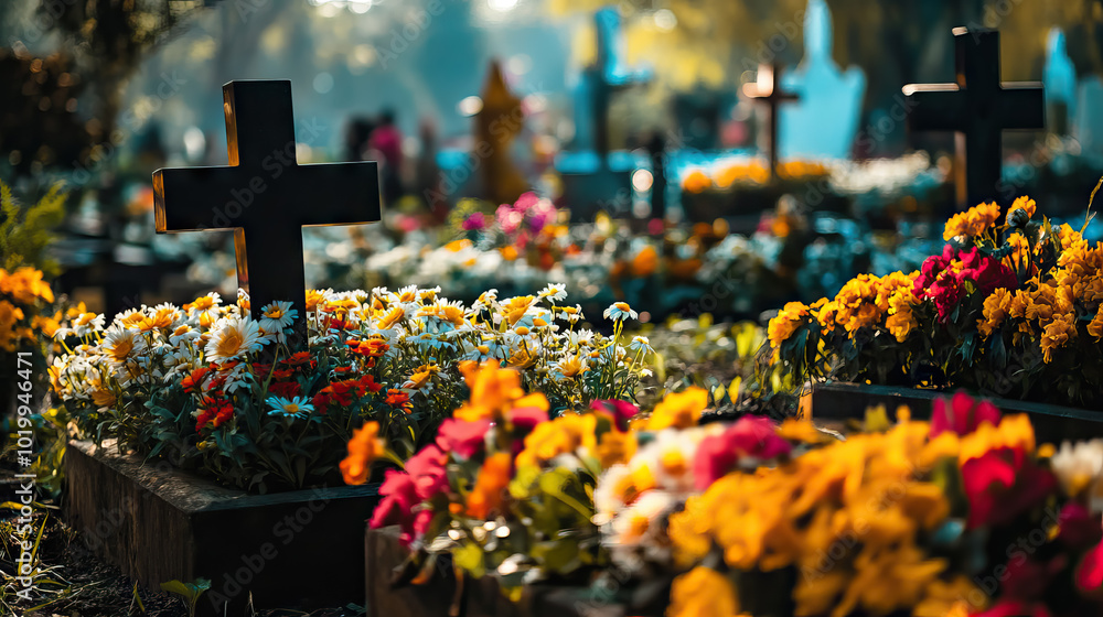 All Saints' Day and flowers on the graves symbolize the memory of the ...