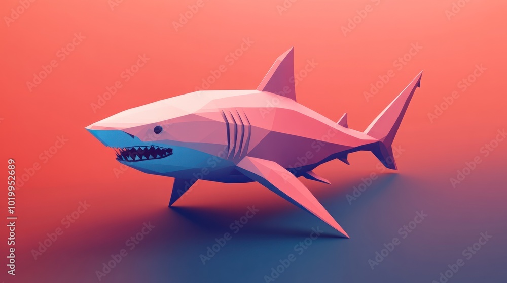 Low poly 3D model of a shark, rendered with a red and blue color scheme ...