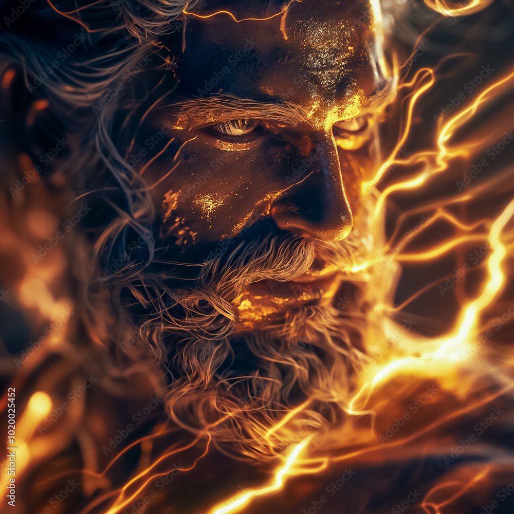 An awe-inspiring portrayal of a Greek god enveloped in dynamic lighting ...