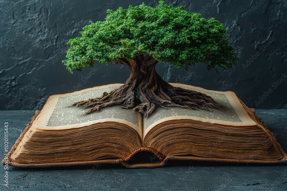 Photorealistic image of an open book with an ancient tree growing from ...