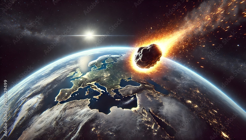 ภาพประกอบ Stock Dramatic depiction of a massive asteroid colliding with ...