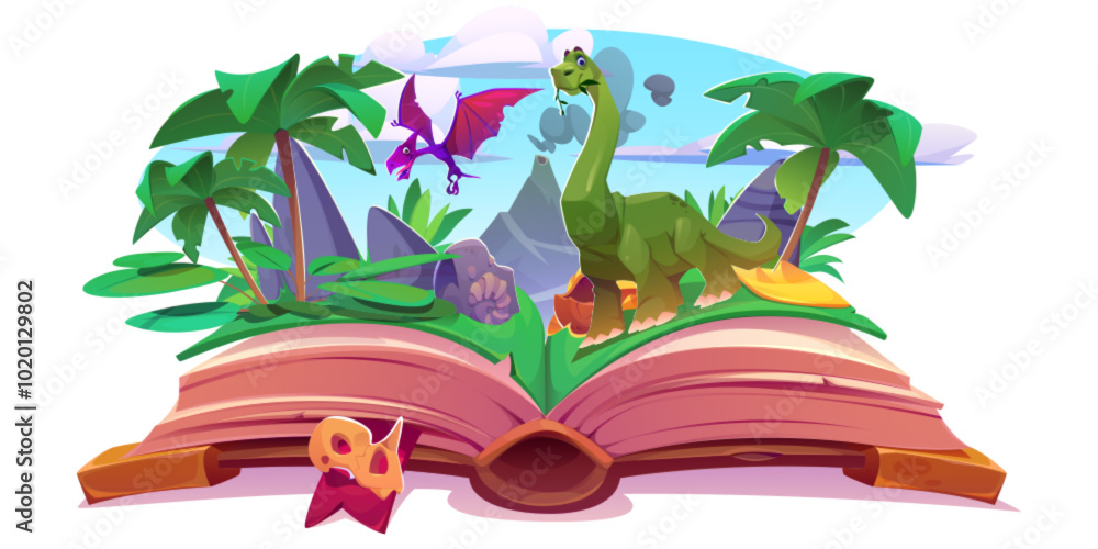 Open book with dinosaurs on jungle landscape. Vector cartoon ...