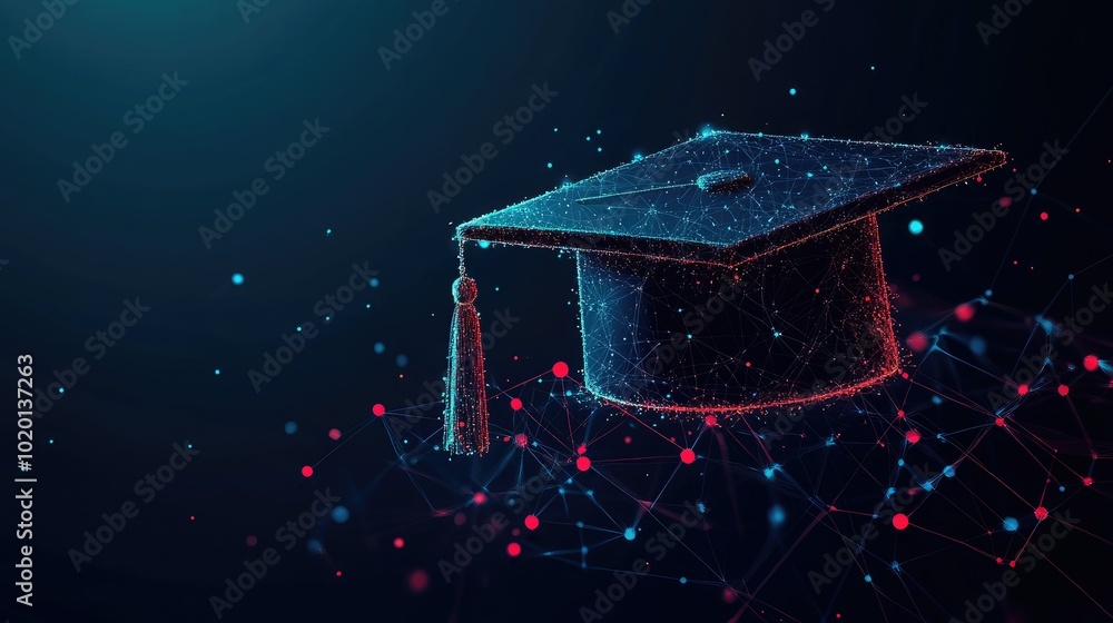 Floating digital graduation cap with bright data points connected ...