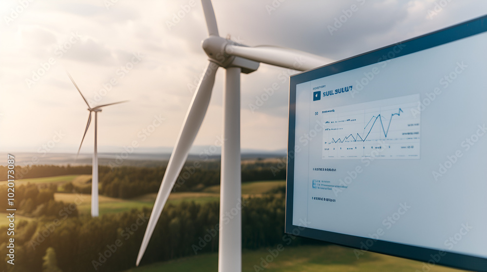 Ilustración de Stock Modern wind turbine with a detailed energy data analytics dashboard in the ...