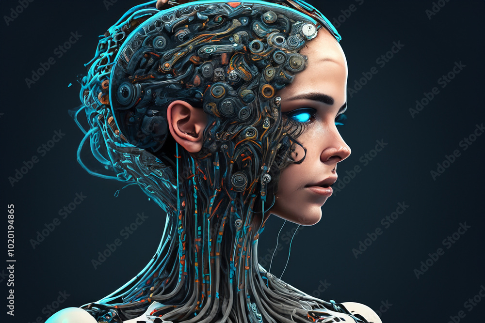 femme cyborg | avec un cerveau visible et détaillé | câbles musculaires ...