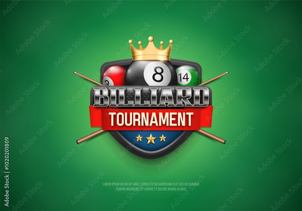 Billiard tournament banner with balls, cues and golden crown. Poster ...