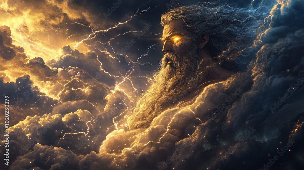 Zeus god of sky and thunder in ancient Greek mythology background Stock ...