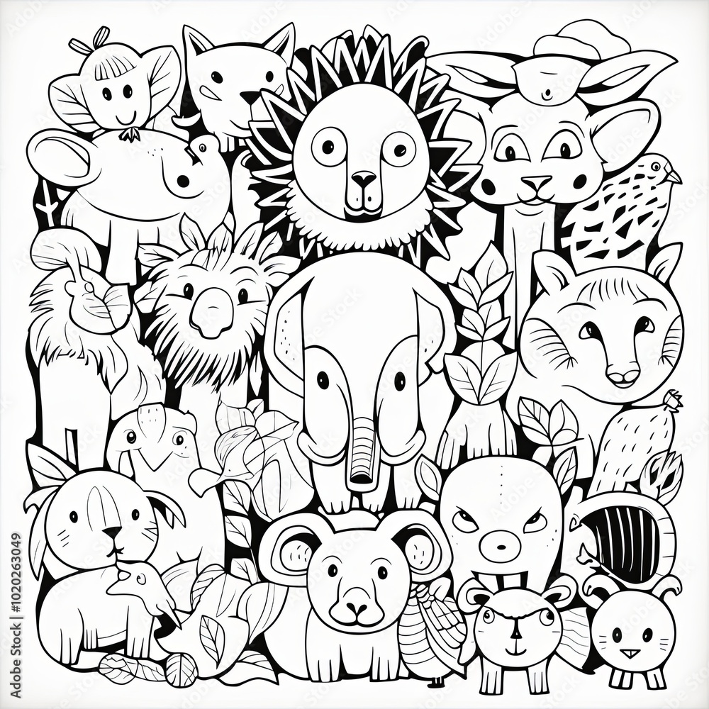 Coloring page for kids, zoo animals, in style of doodle. Simple black ...