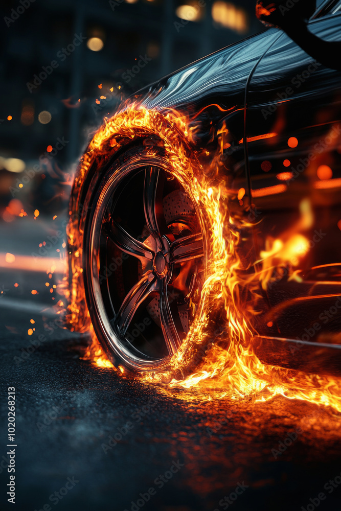 Cropped shot of black sports car is speeding at night with wheels on ...