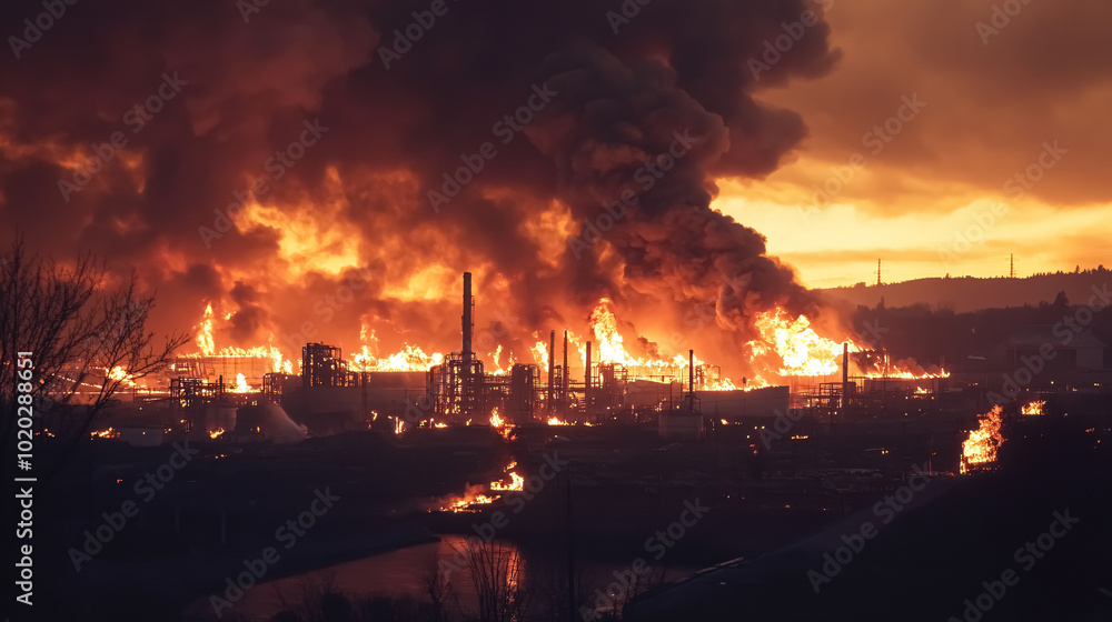 A catastrophic fire consumes an industrial facility under a somber dusk sky, with towering smoke ...