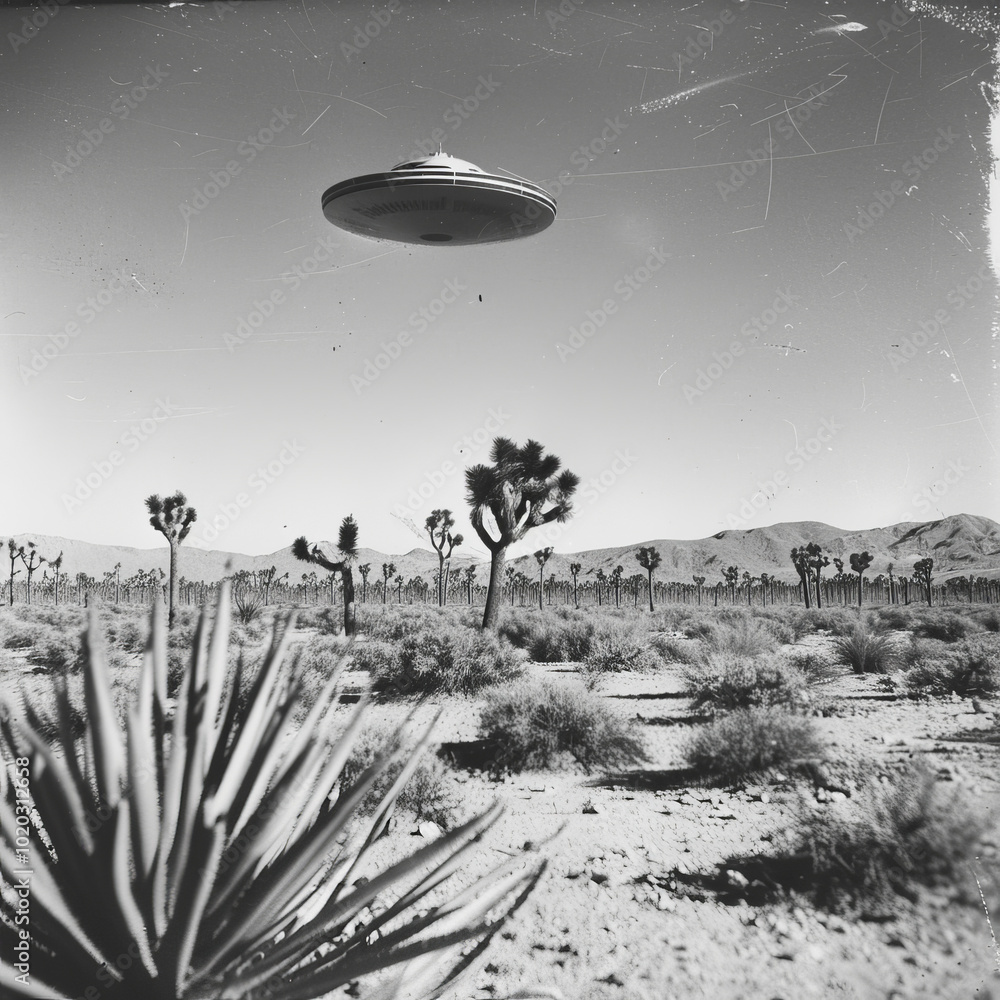 Retro flying saucer over Joshua trees white sands desert 1960s photo ...