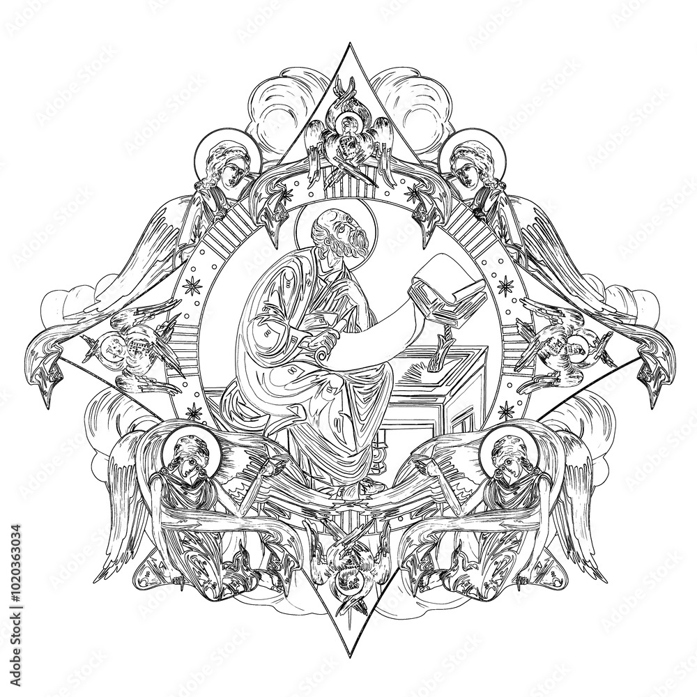 John the Apostle. Religious dome with apostles and angels in sky ...