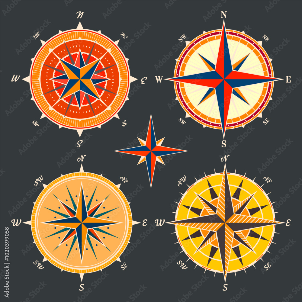 Vintage marine wind rose, nautical chart. Colorful navigational compass ...