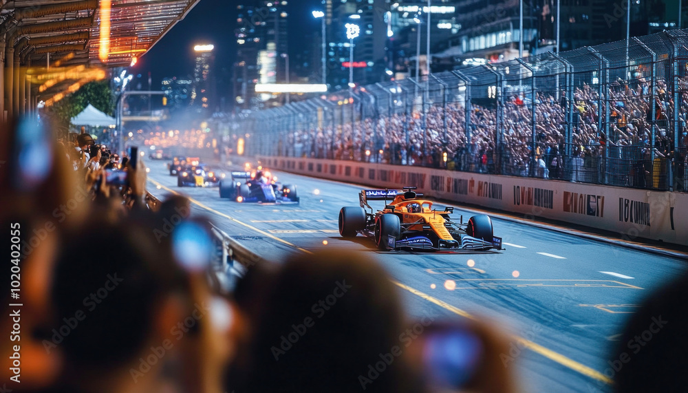 Formula 1 car speeding on a city circuit at night with cheering fans ...