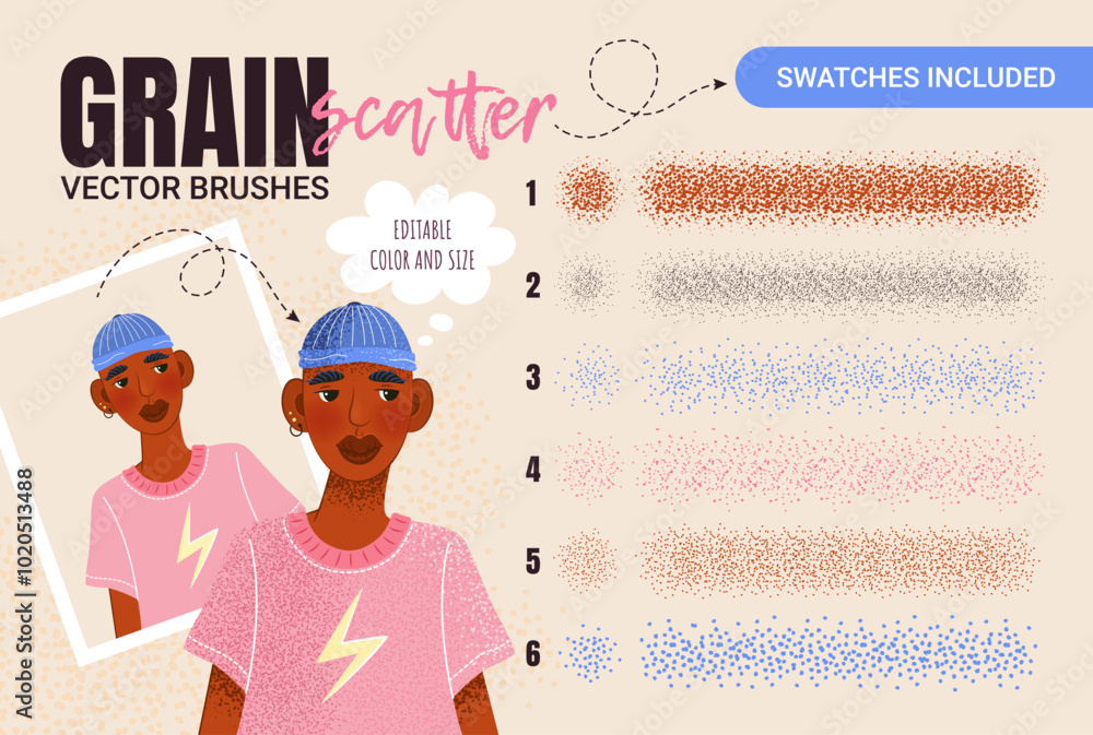 Grain scatter brushes. Set of abstract grunge brushes. Creative collection with noise effect ...