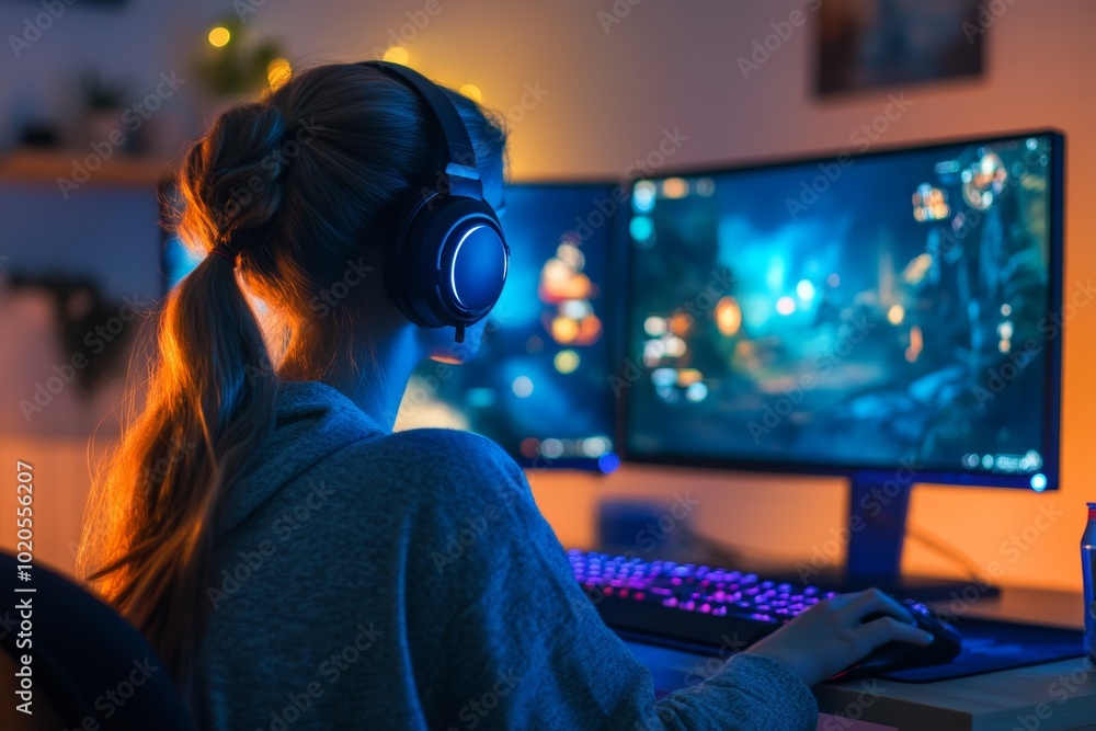 This image shows a girl playing a video game on her personal computer ...