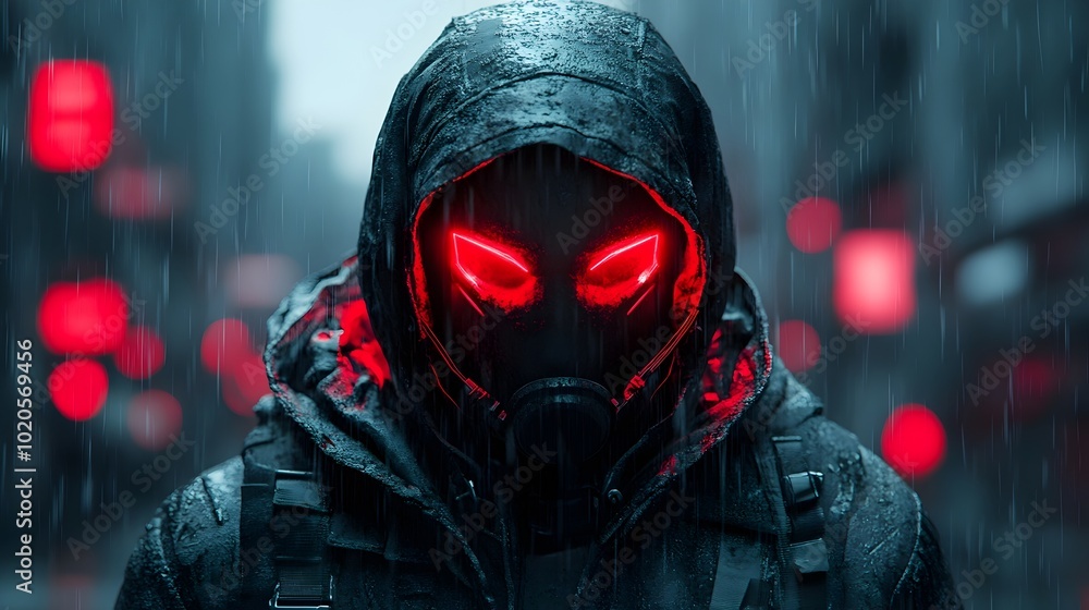 Enigmatic hooded figure shrouded in mystery stalks through a gloomy ...